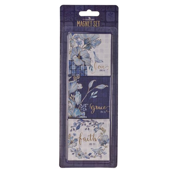 Love, Grace, Faith Blue Floral Tile Magnet Set – Re-vived